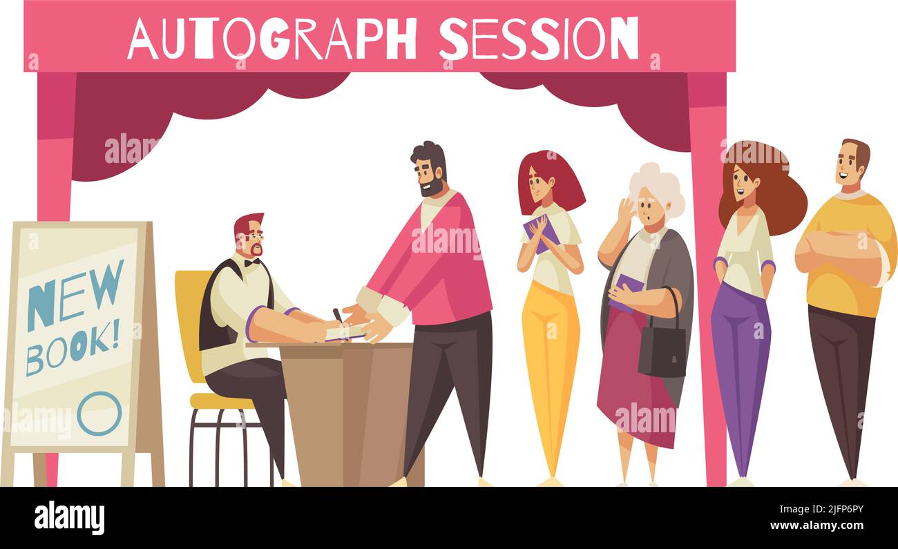 Expo stand composition with doodle human characters and view of ...