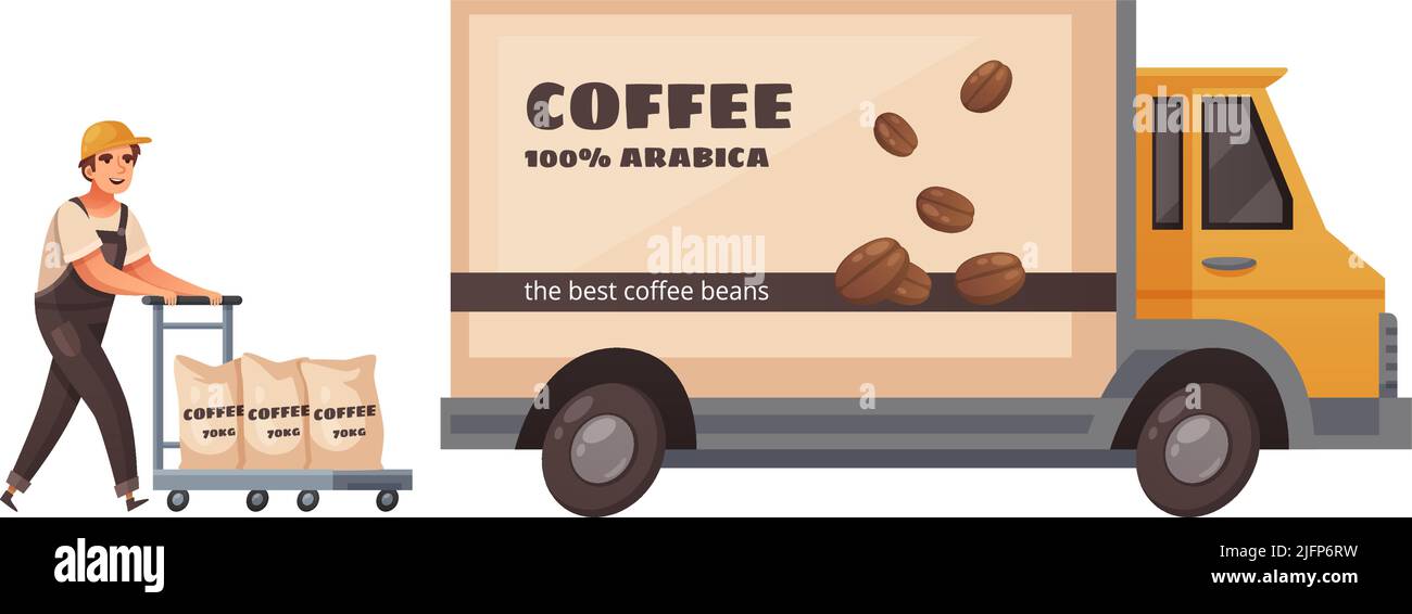 Coffee production goods transportation with delivery van and worker ...