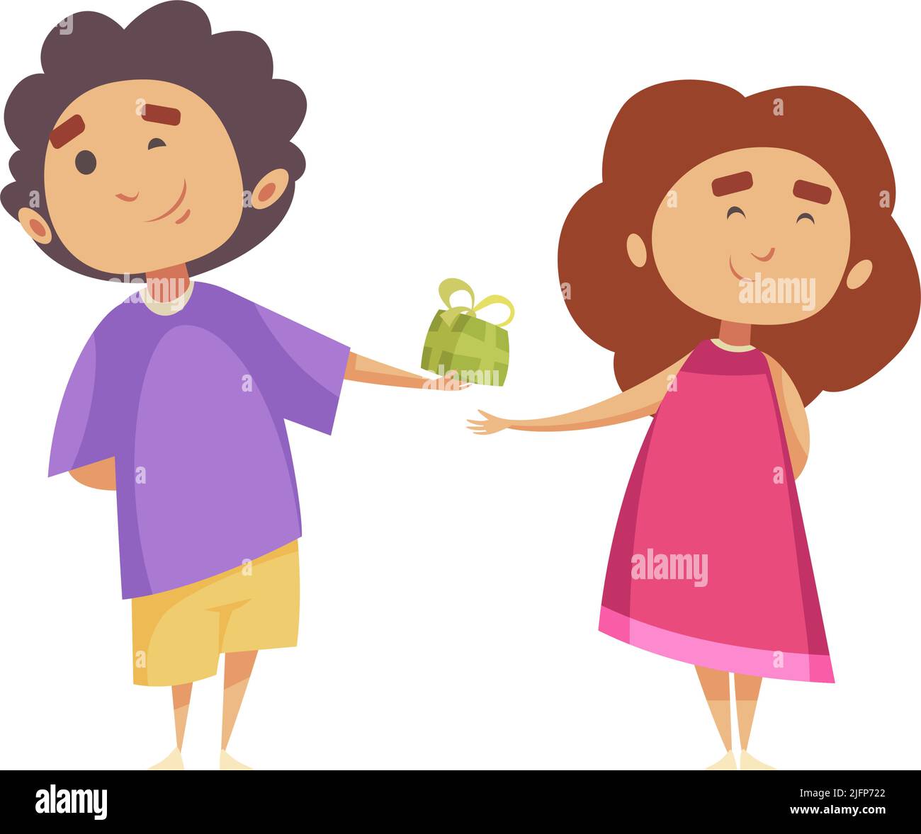 Gift present giving composition with cartoon characters of surprised ...