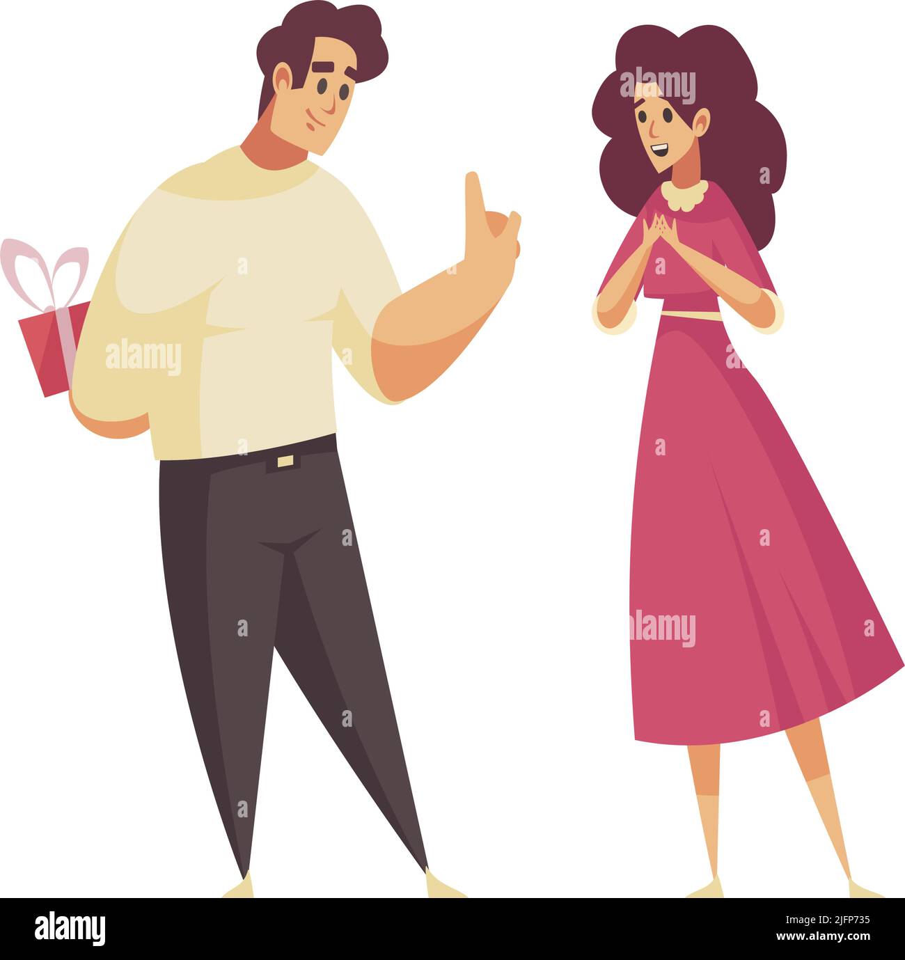 Gift present giving composition with cartoon characters of loving ...