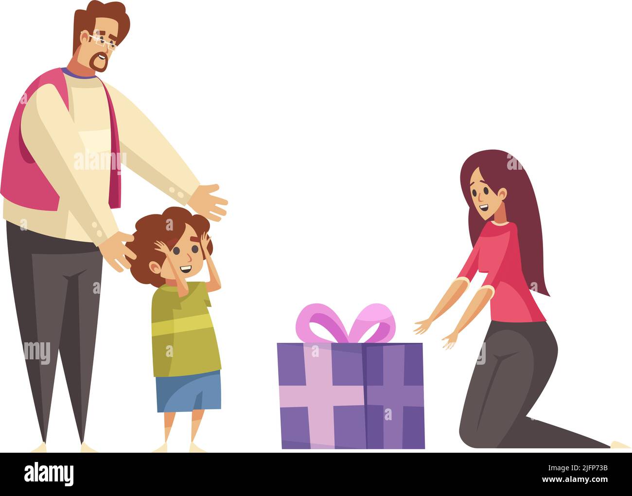 Gift present giving composition with cartoon characters of surprised ...