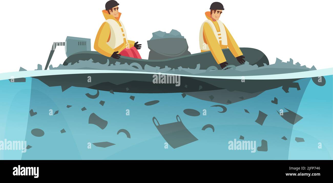 Nature water pollution composition with view of floating boat with ...