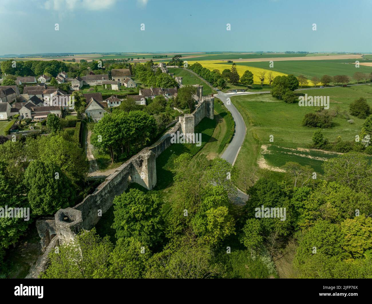 Stone ramparts with towers, gate towers, moat in medieval Provins ...