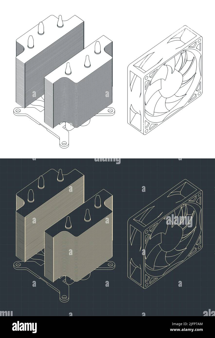 Stylized vector illustration of blueprints of disassembled cpu cooler ...