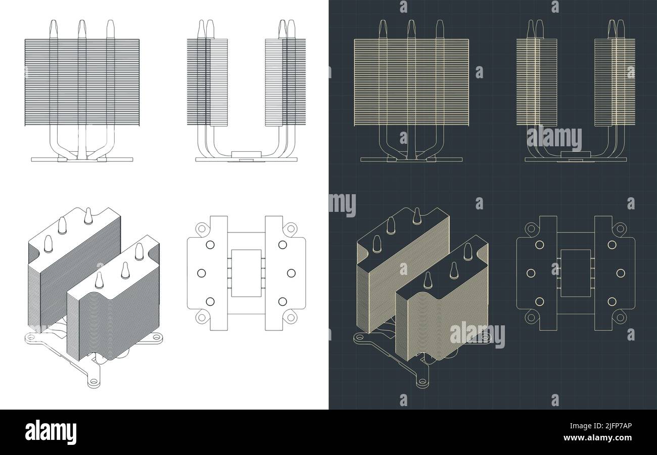 Stylized vector illustration of blueprints of CPU cooler heatsink Stock ...