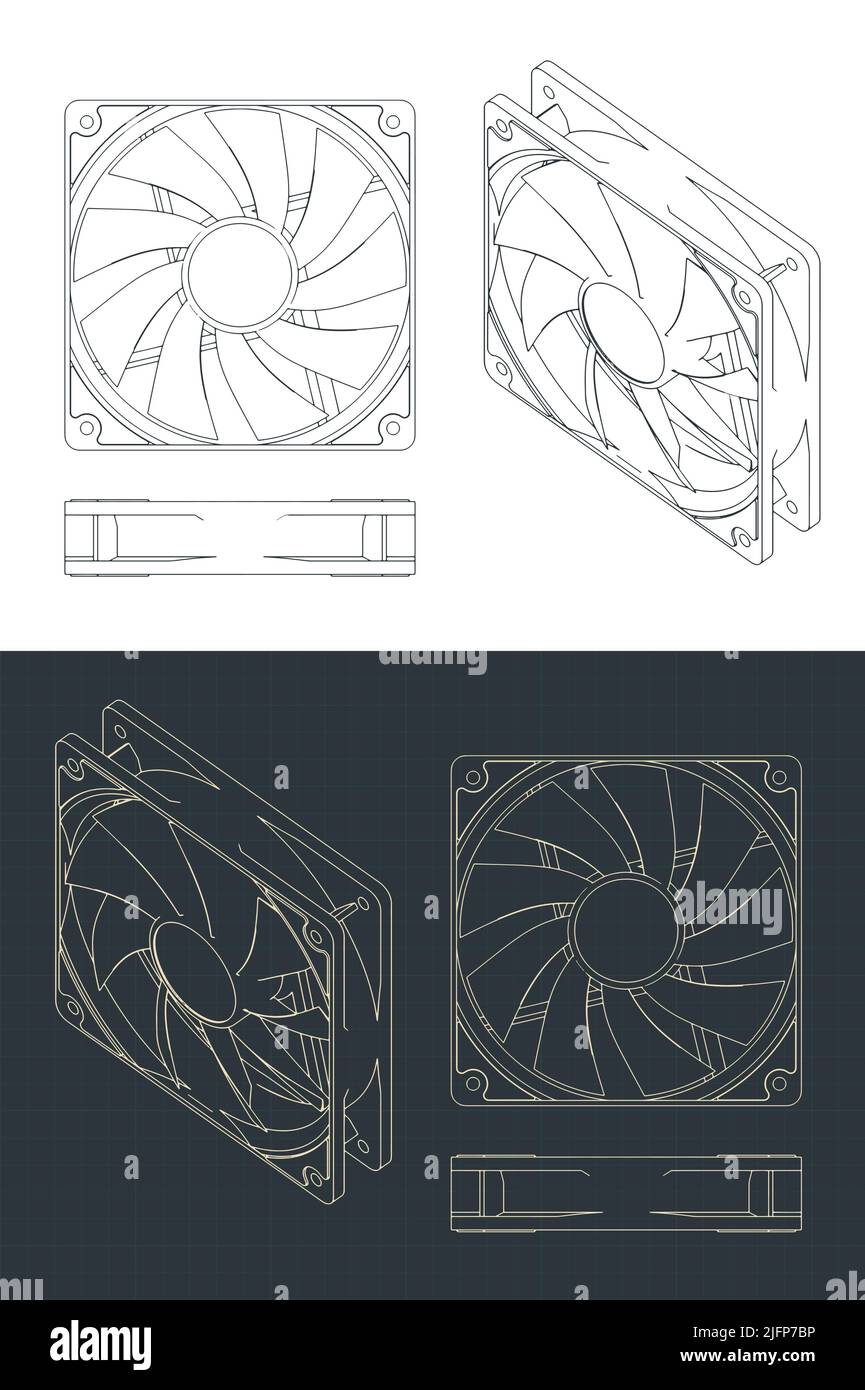 Stylized vector illustration of blueprints of fan for computer cooling ...