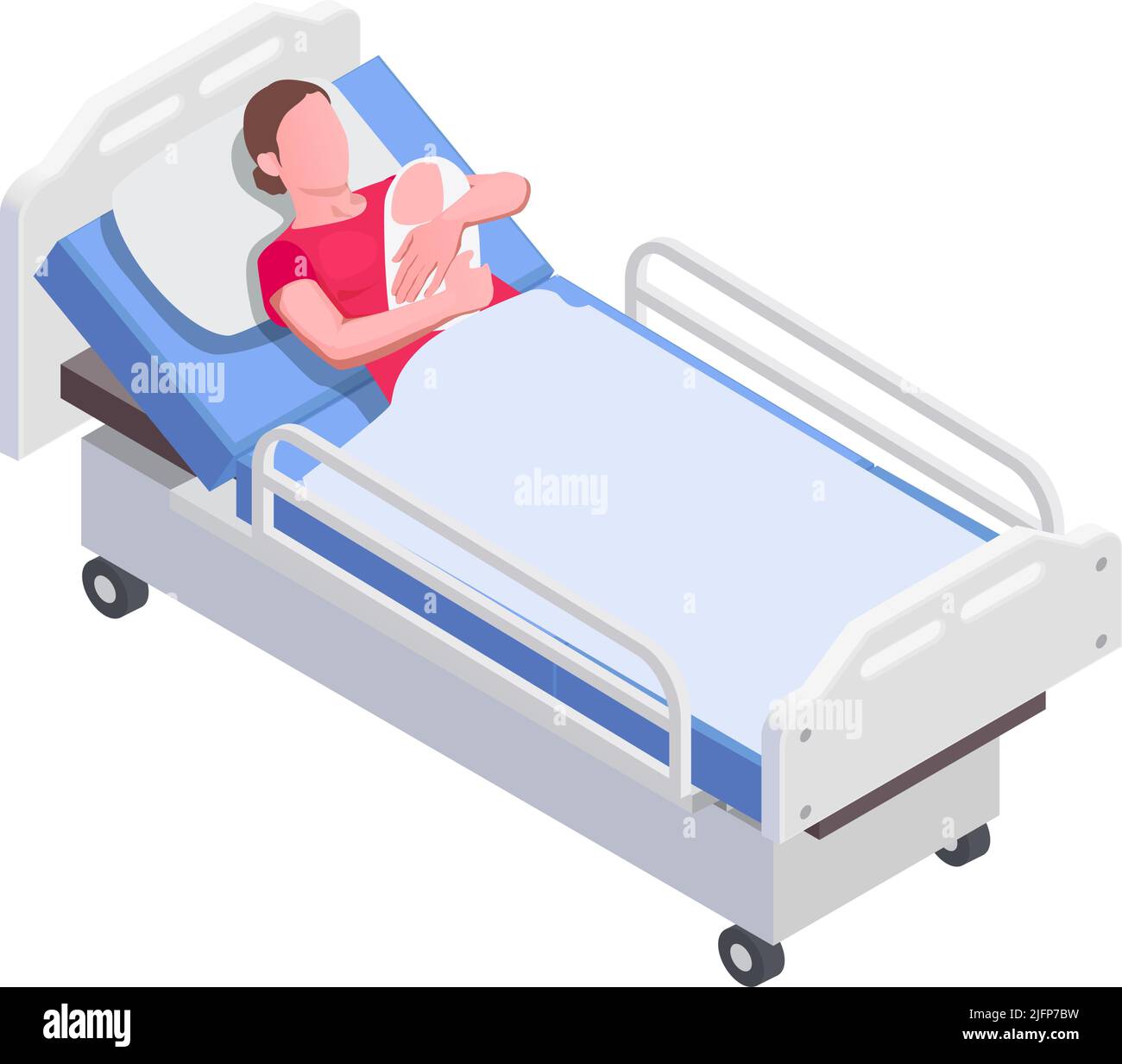 Pregnancy birth icon of young mother with newborn baby in hospital bed ...