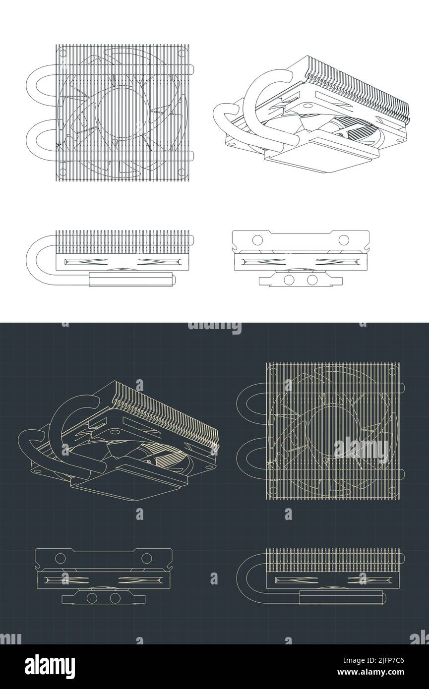 Stylized vector illustration of blueprints of slim CPU cooler Stock ...