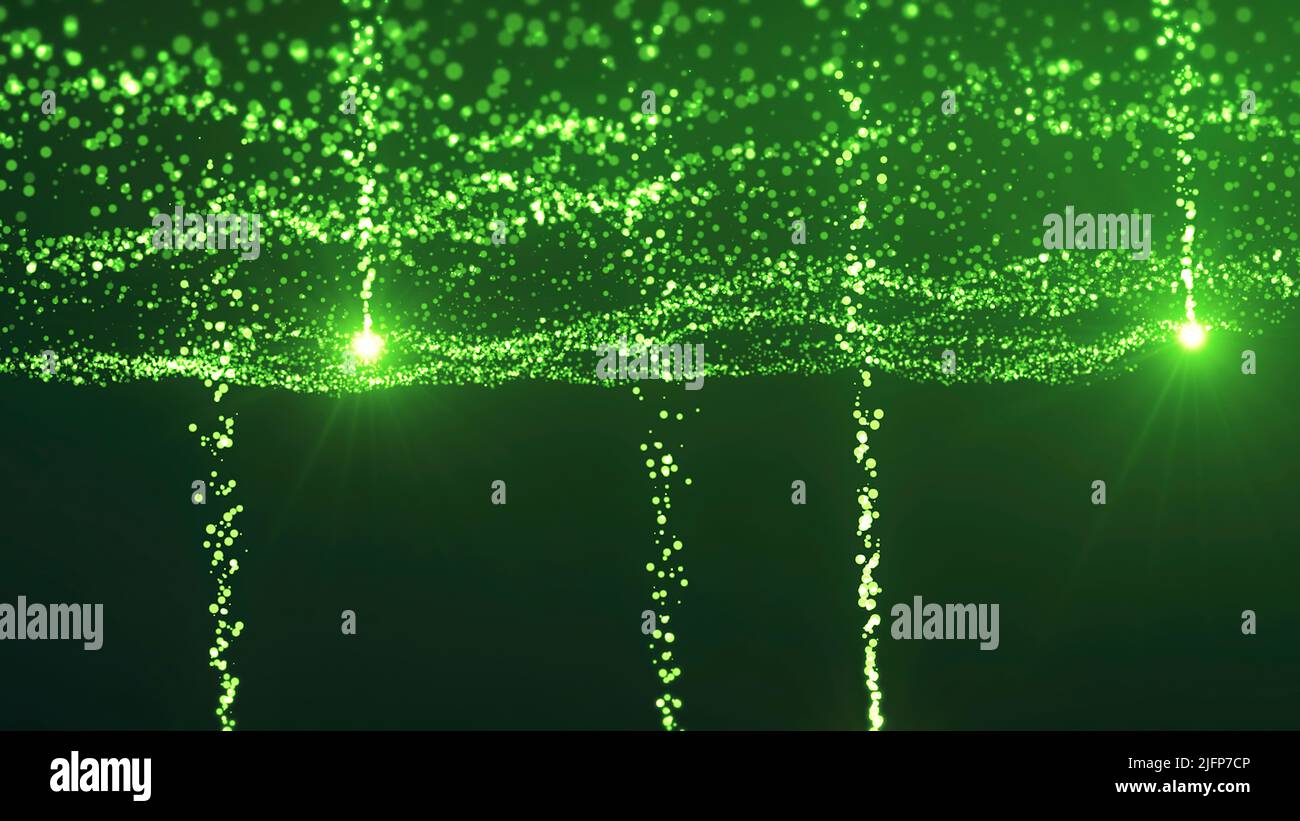 Green stream with luminous particles. Motion. Magical green stream of ...