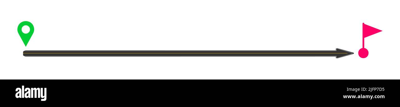 Straight road with markup from start map pin to finish flag sign. Easy ...