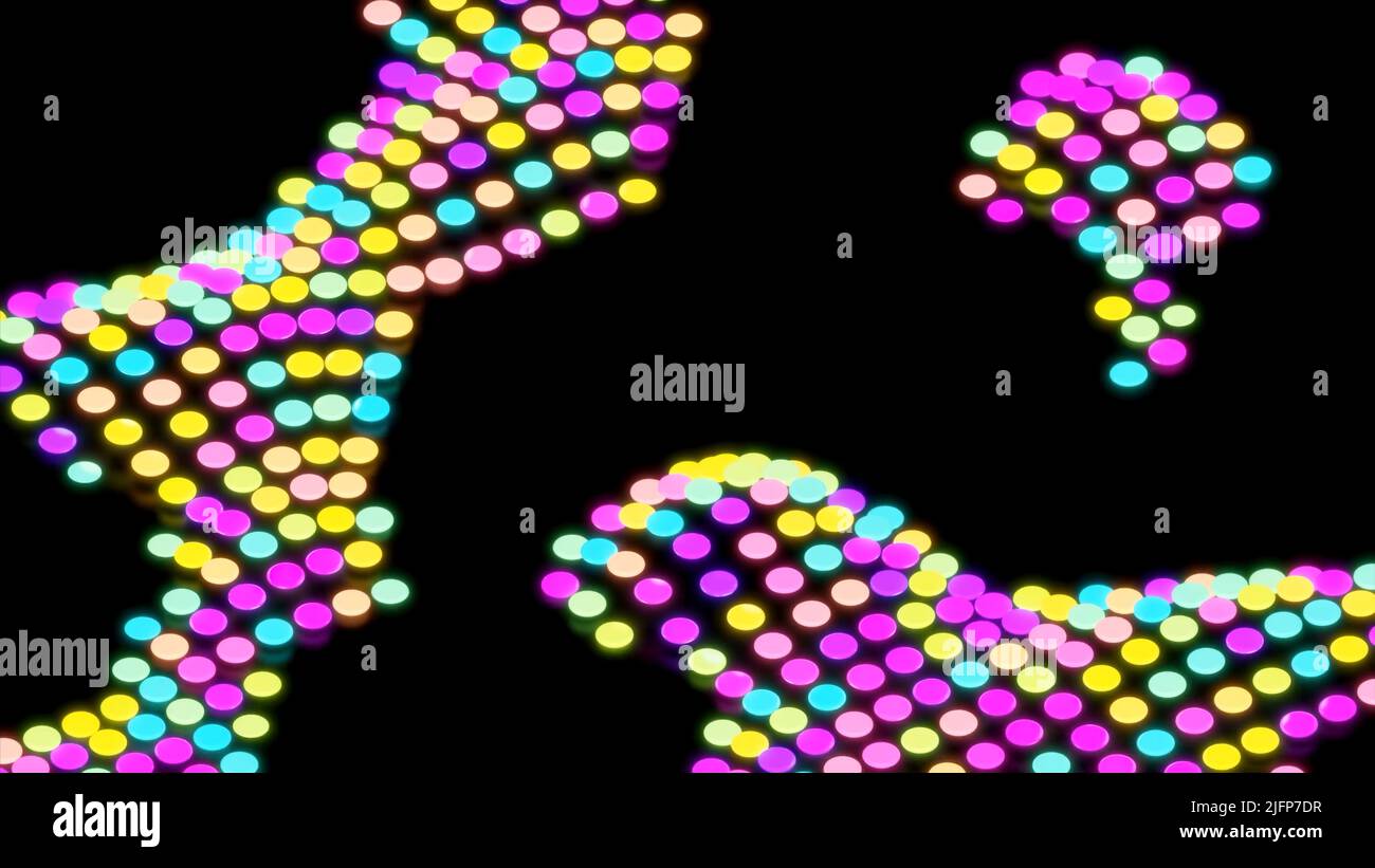 Colorful dots moving in spots on black background. Design. Moving spots ...