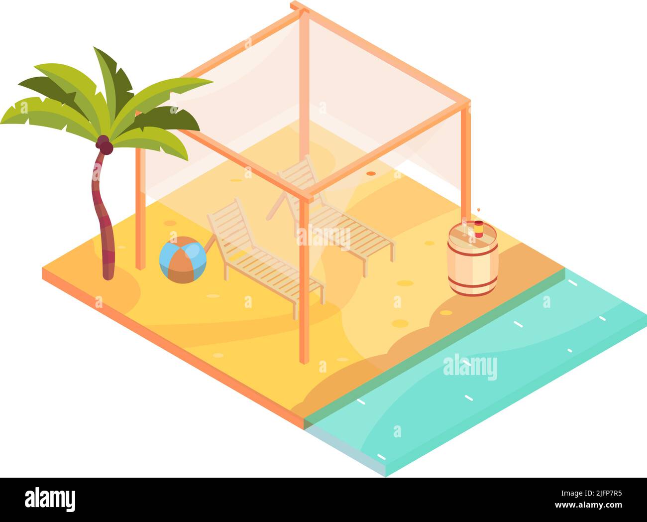 Tropical rest isometric icon with lounges on sunny beach 3d vector ...