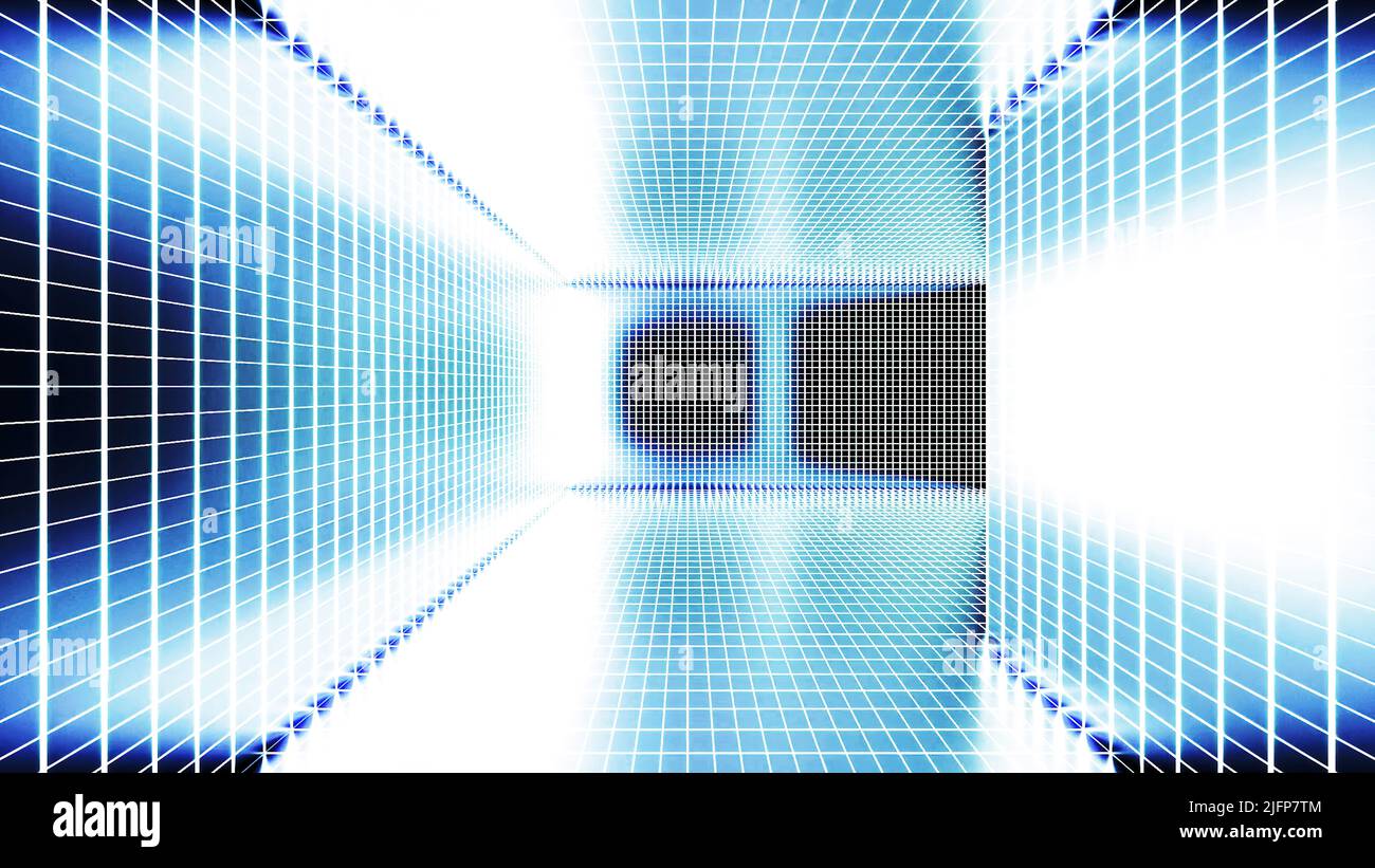 3D maze corridor. Design. Moving 3d virtual corridor with grid. Bright ...