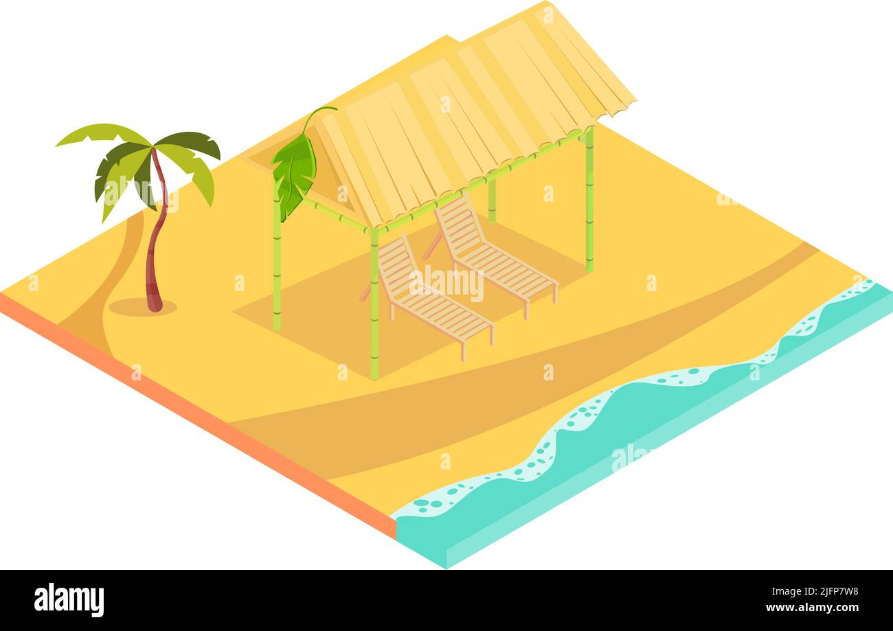 Tropical rest isometric icon with two empty lounges under roof on beach ...