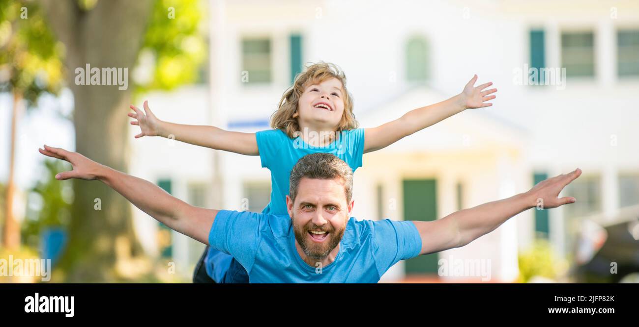 Banner of father and son in summer park outdoor. parent relax with ...