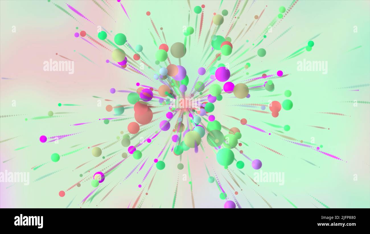 Colorful balls move to center. Motion. Abstract animation in biology or ...