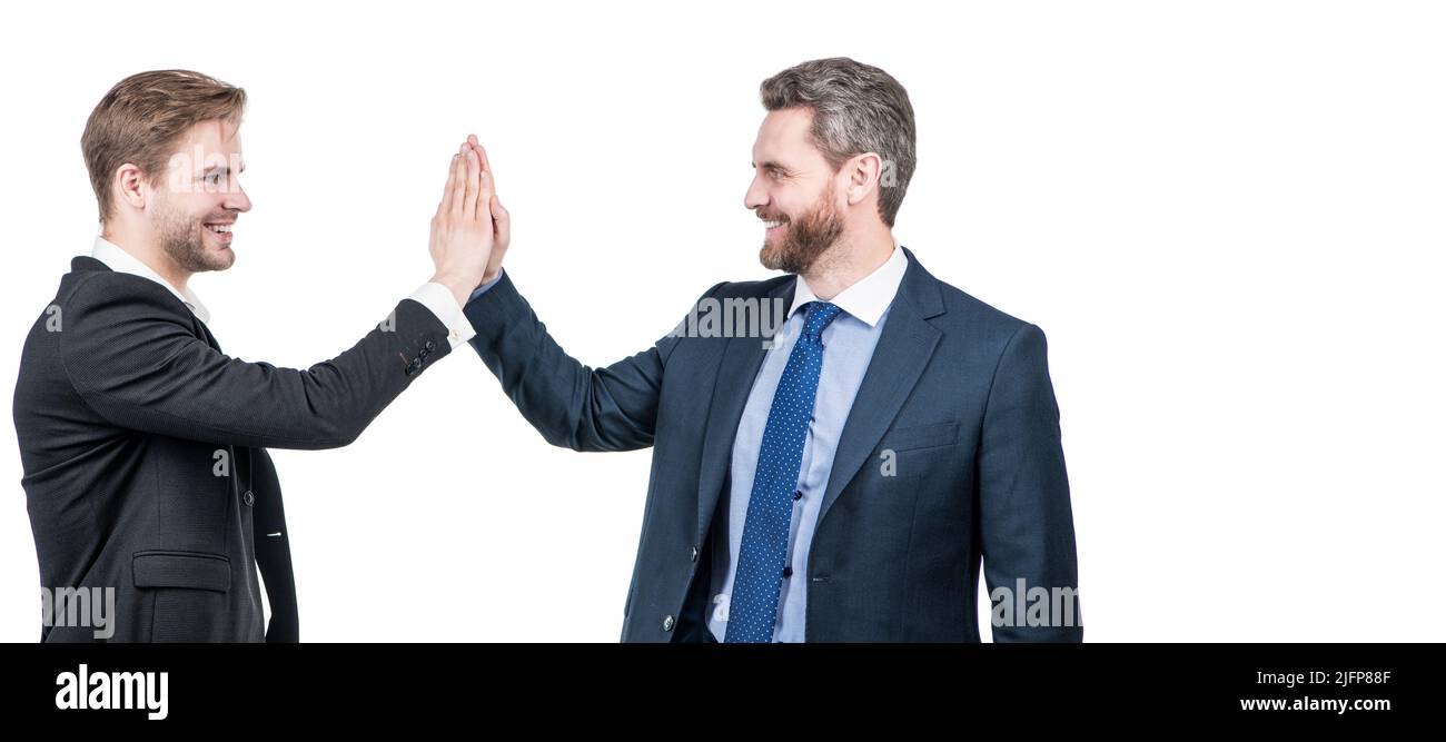 Man face portrait, banner with copy space. two men businessmen giving ...