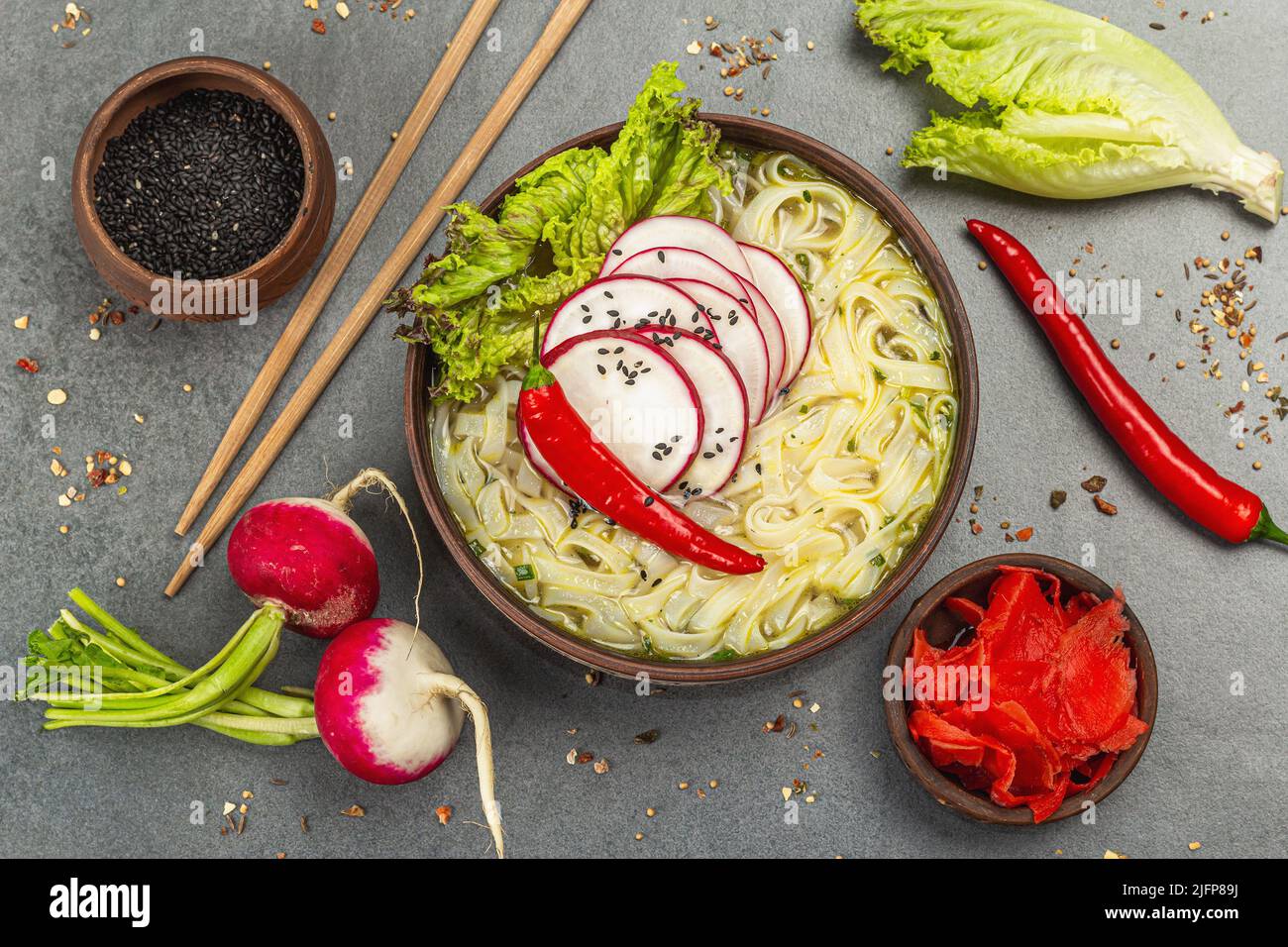 Asian noodles with vegetables and herbs. Traditional vegan Japanese ...