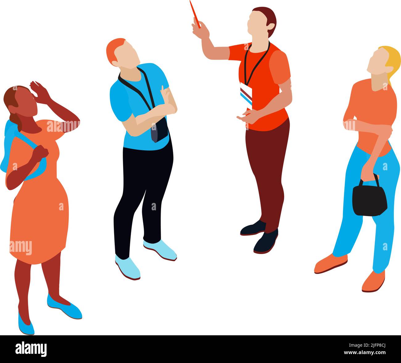Four isometric characters of tourists and tour guide on excursion 3d ...