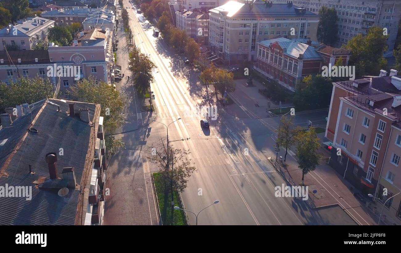 Top view of beautiful city road with car on sunny day. Clip. Urban ...