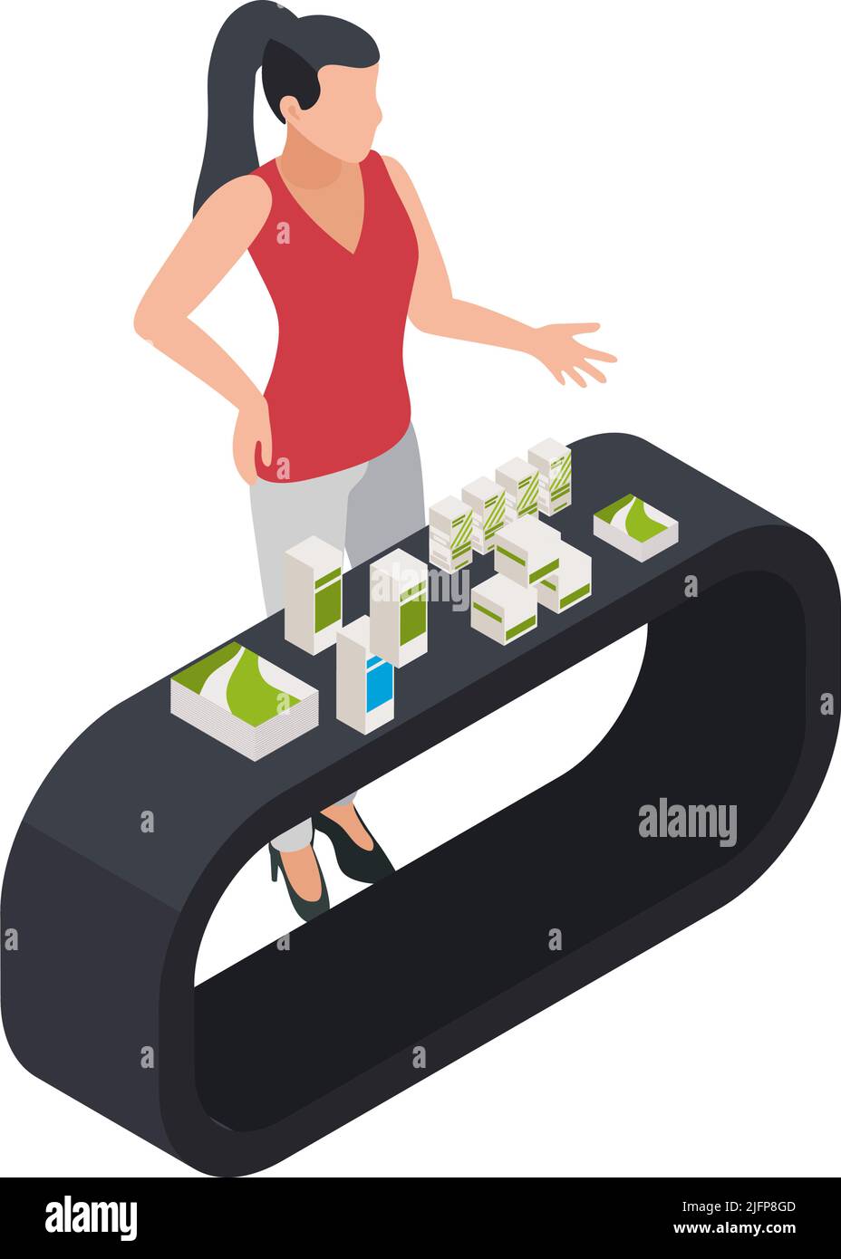Isometric icon with promoter telling about promotional products at ...