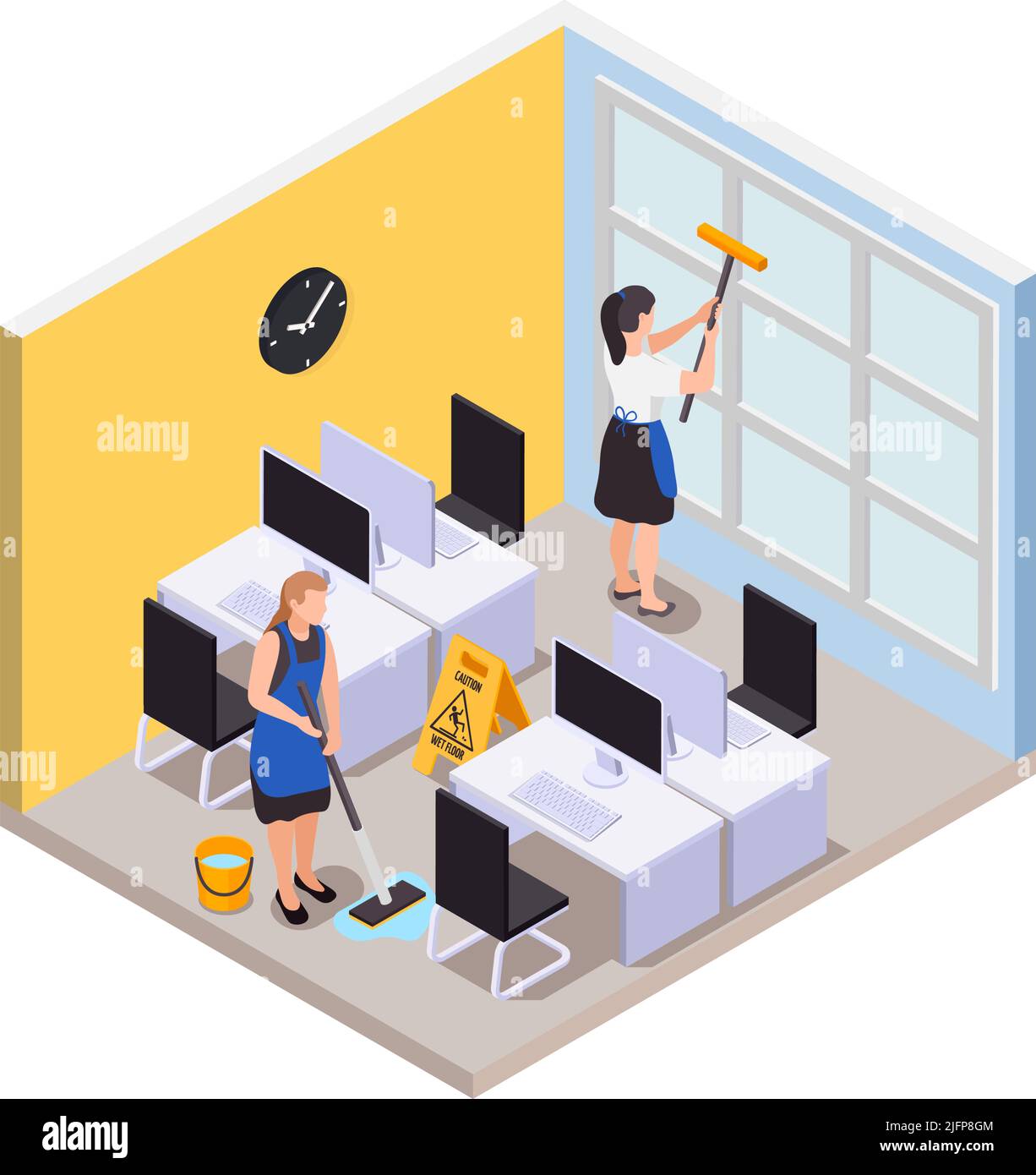 Professional cleaning service workers tidying up office computer room ...