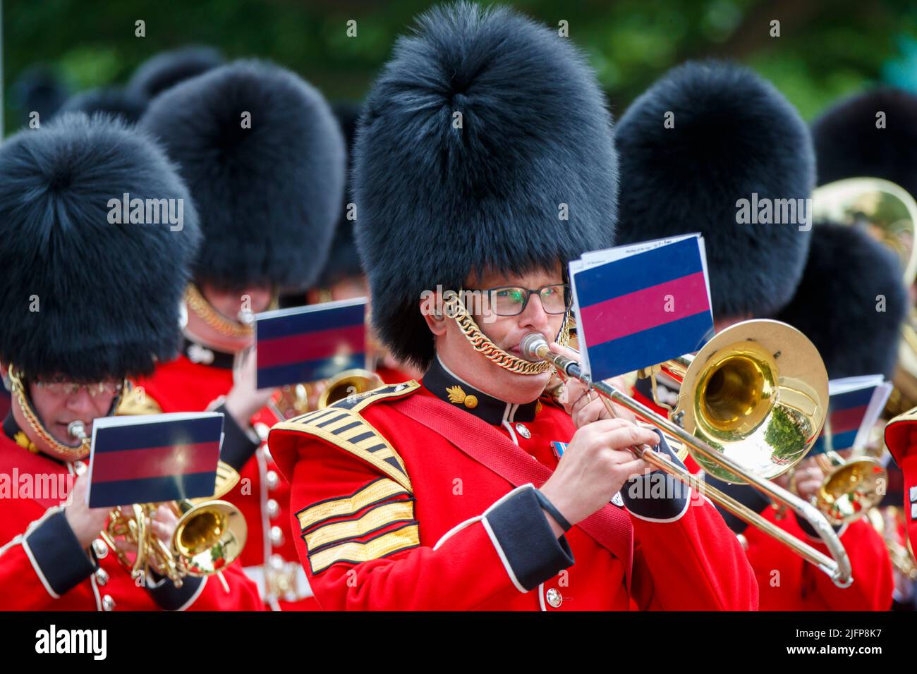 Trombone player of the grenadier guards at Trooping the Colour, Colonel ...