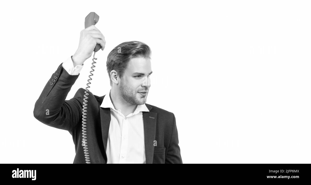 I got a call. Professional man hold telephone receiver. Using vintage ...