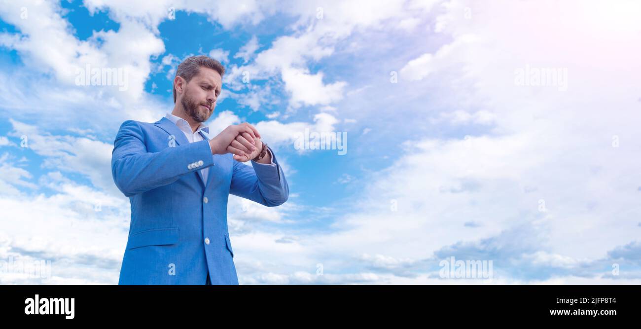 Man face portrait, banner with copy space. Business man in suit, blue ...