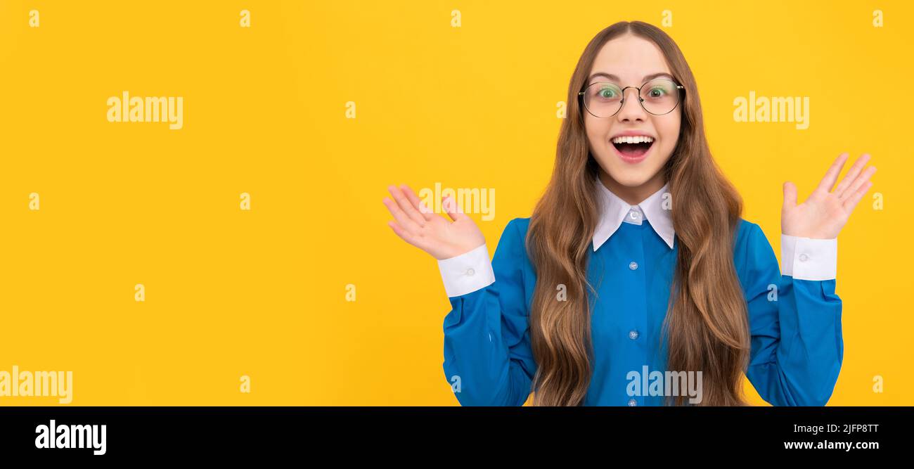 Beaming with happiness. Happy girl yellow background. Child face ...