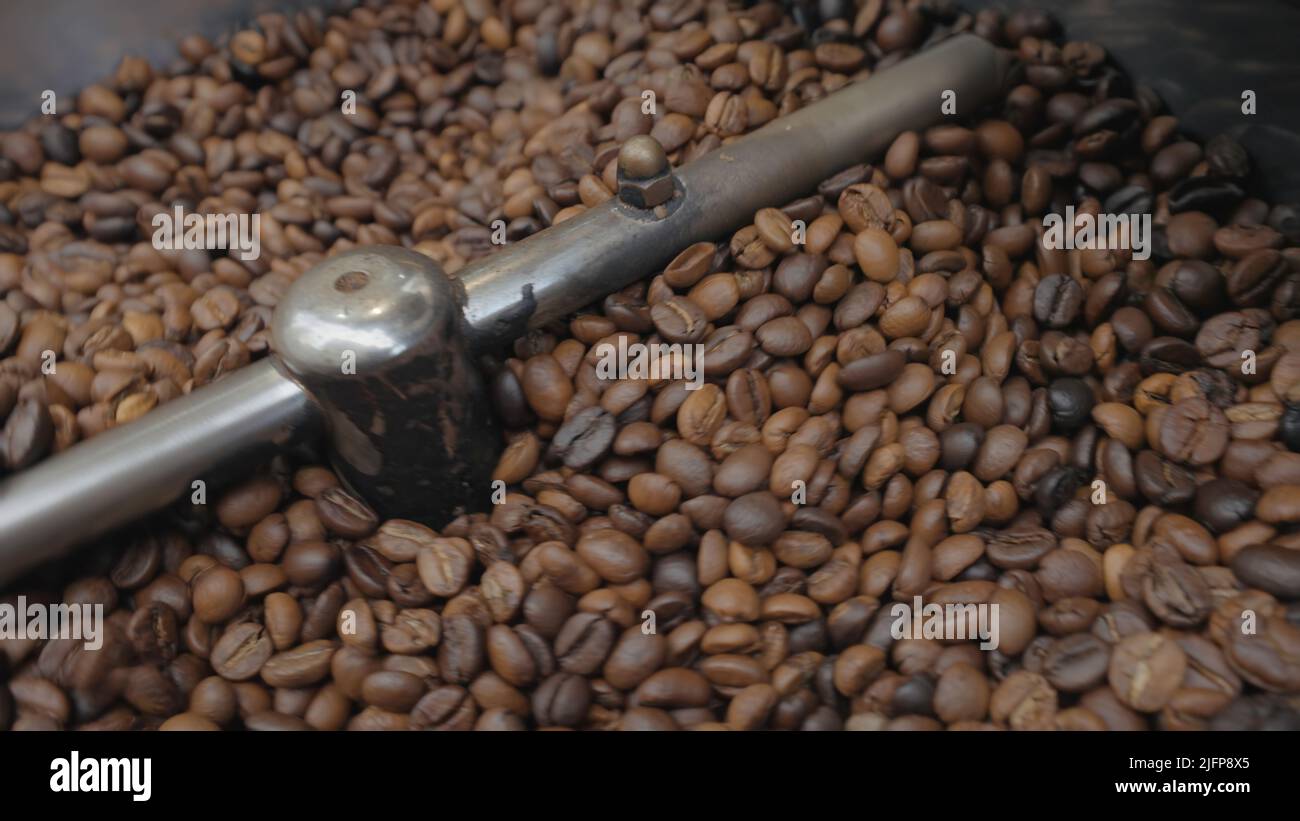 Roasting of coffee beans at factory. Action. Coffee beans are mixed in ...