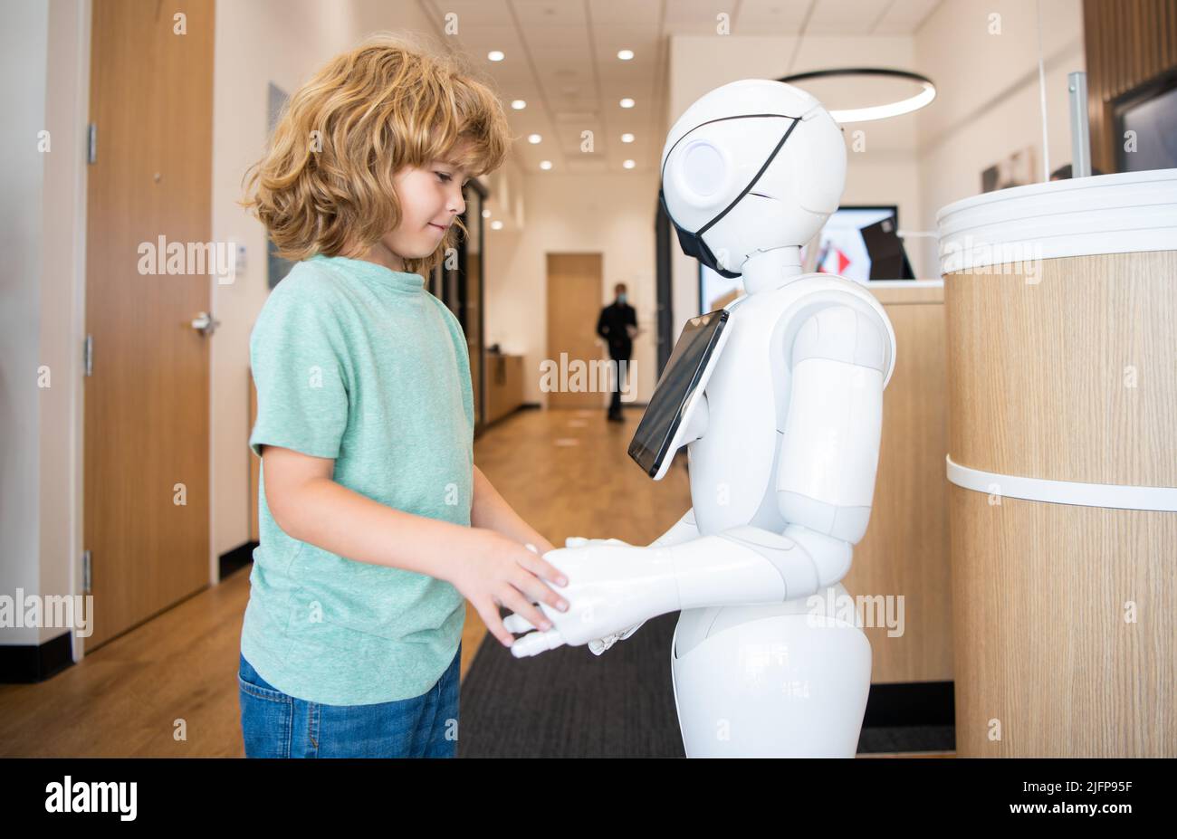 child interact with robot as innovative technology, communication Stock ...