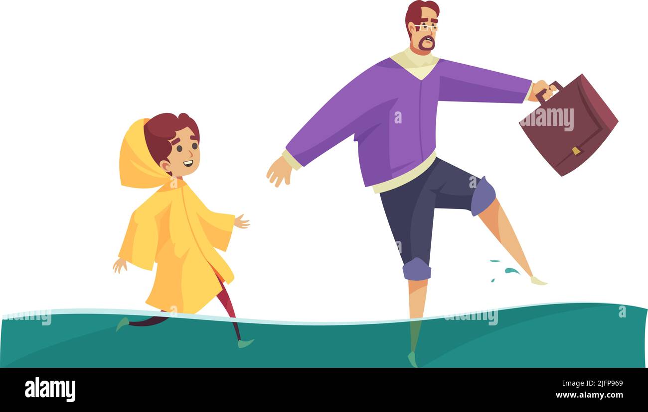 Bad weather composition with characters of adult man and kid walking on ...