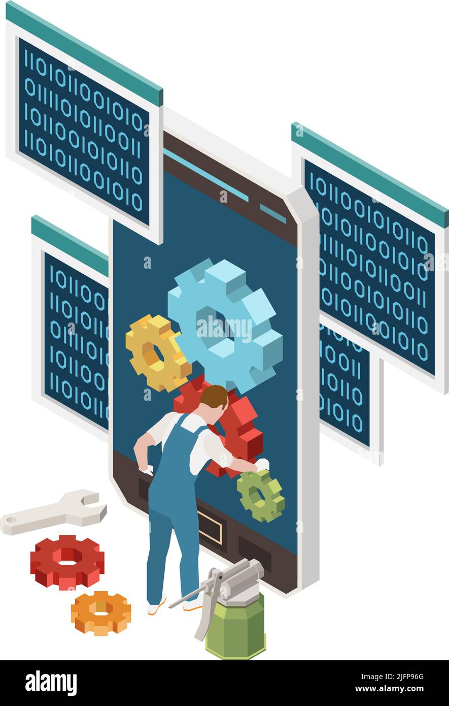 Programming development isometric composition with character of worker touching gears on ...