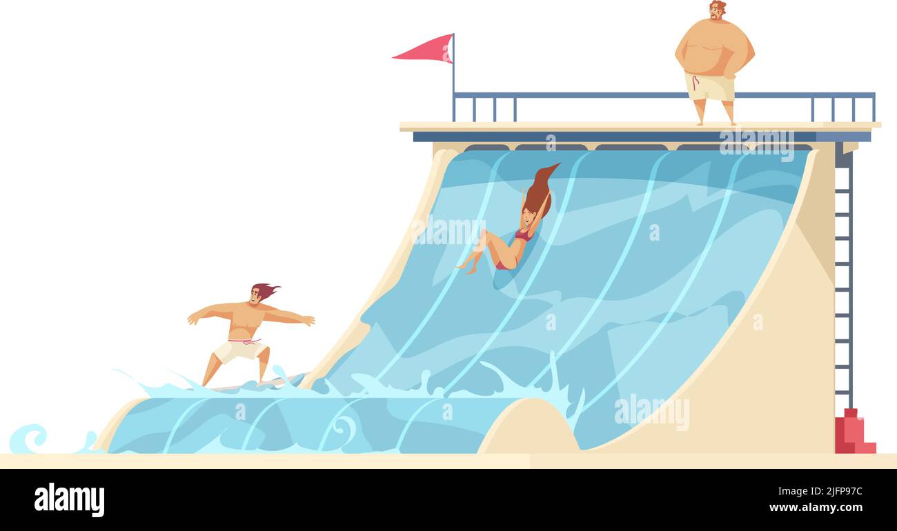 Aquapark composition with view of big water slide and adult characters ...