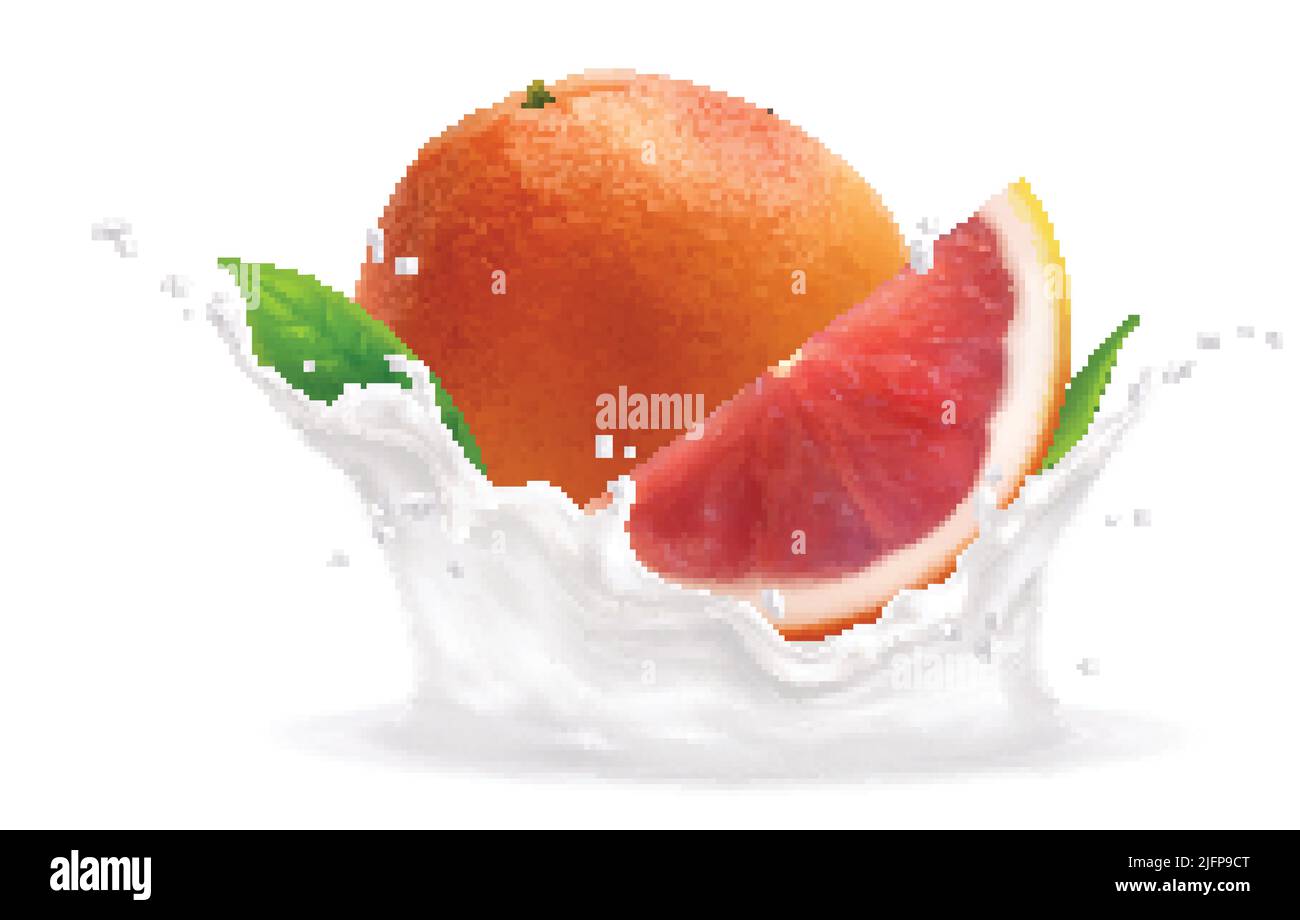 Fresh grapefruit in milk yogurt cream splashes realistic vector ...