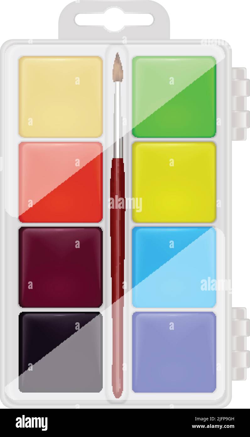 Stationery realistic composition with oil paint set in plastic package ...