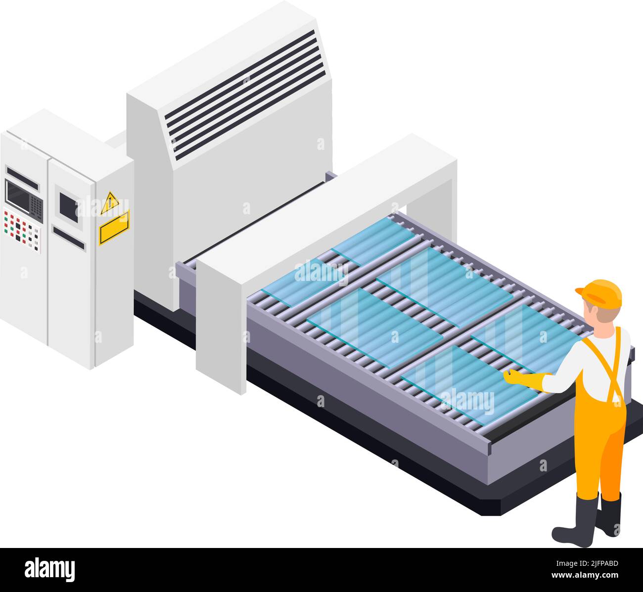 Glass production machinery isometric icon with sheets on conveyor line ...