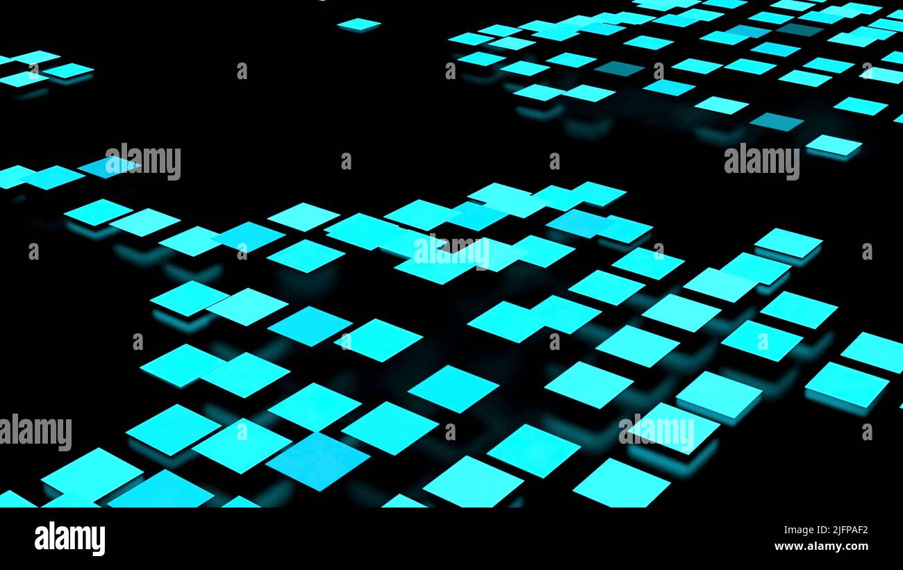Black background. Design.Blue small squares that jump in abstraction ...