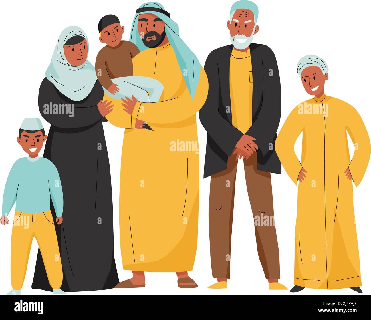 Flat arab family with grandparents parents children vector illustration ...