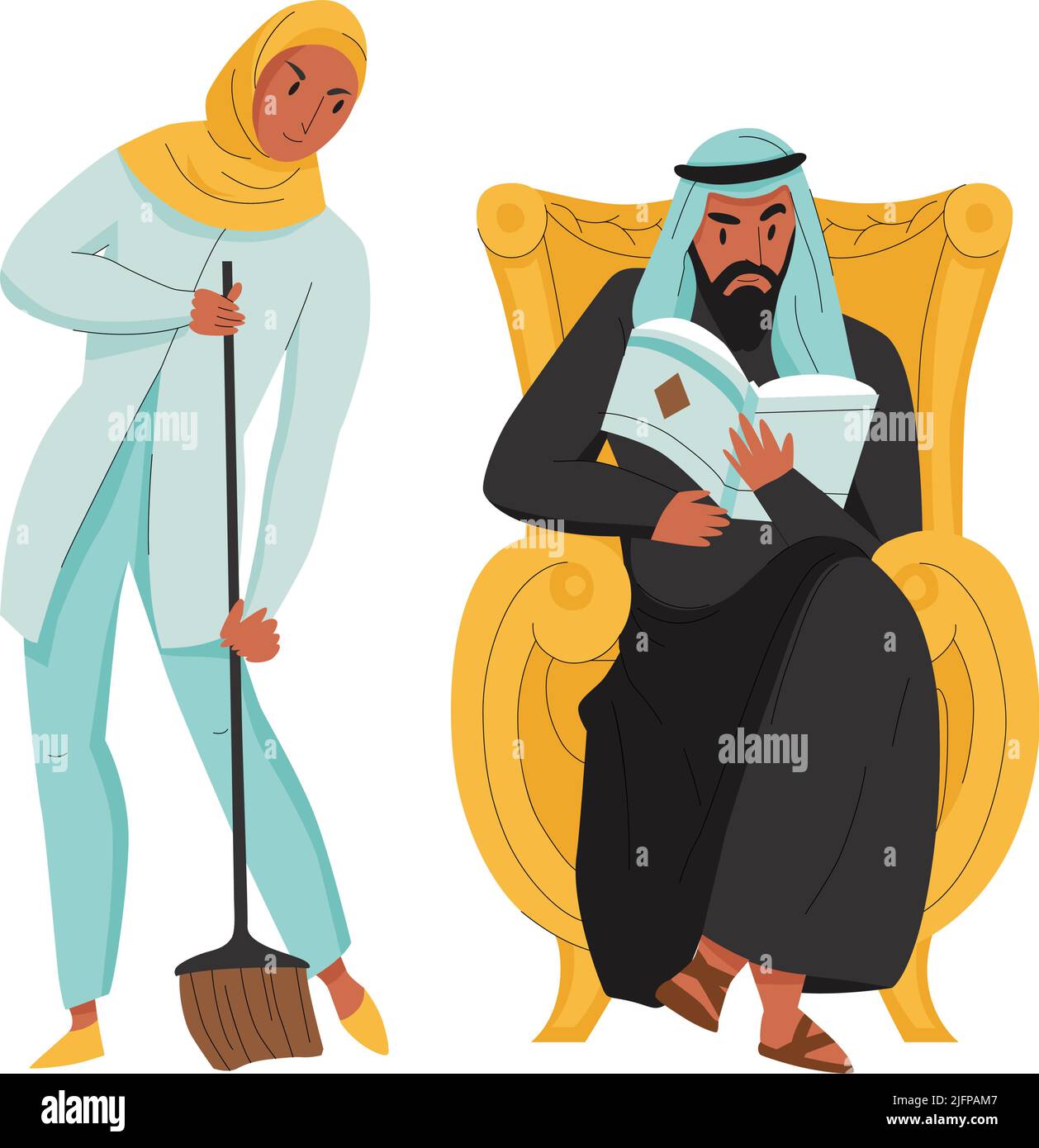 Arab family composition with husband reading while wife sweeping floor ...