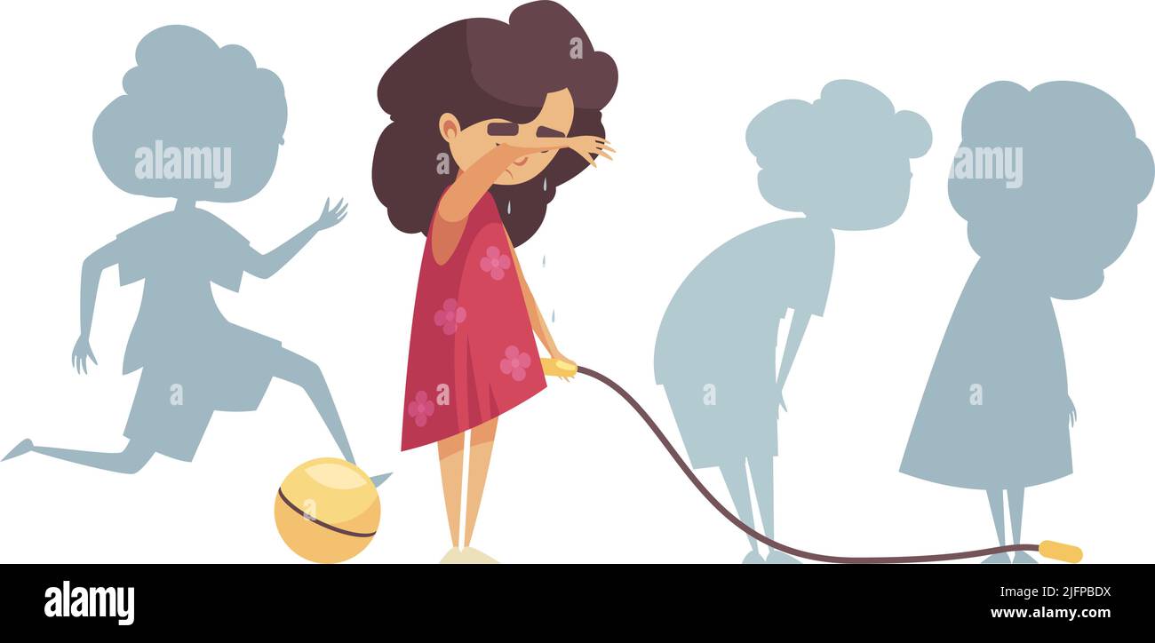 Little crying girl walking alone with jumping rope and ball cartoon ...