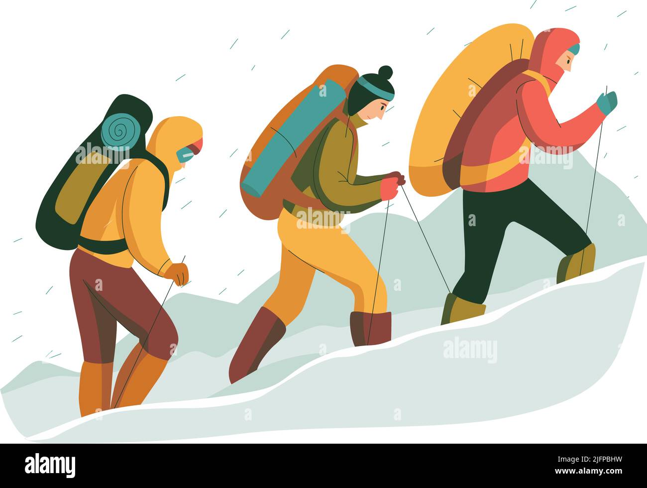 Mountain climbing trekking hiking flat composition with group of hikers ...