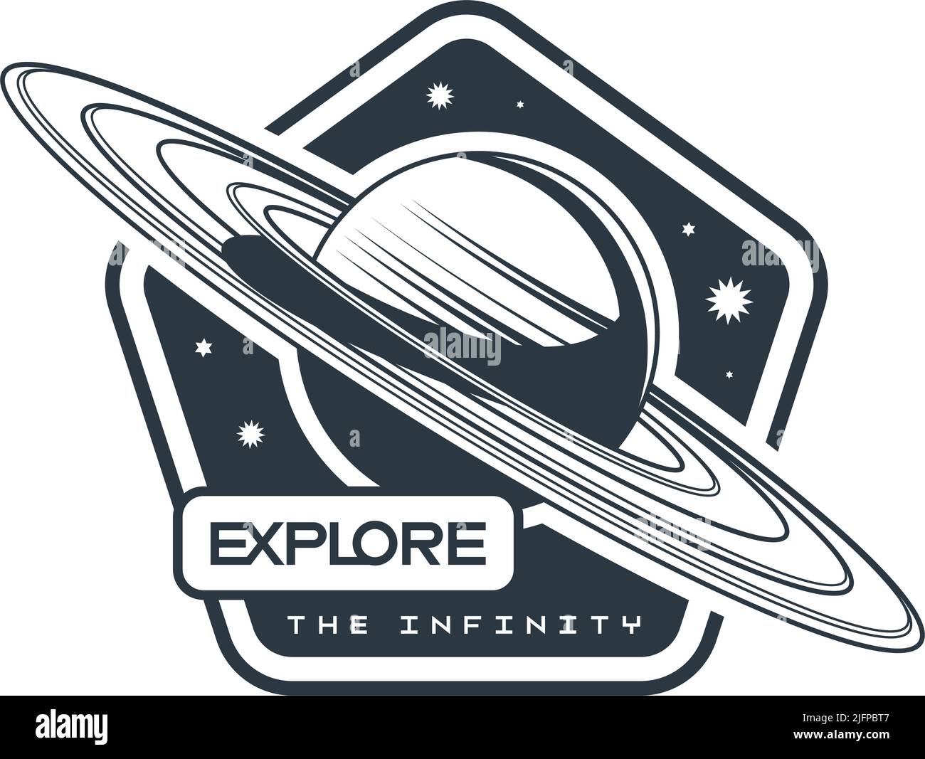 Space emblem monochrome composition with text and saturn planet in ...