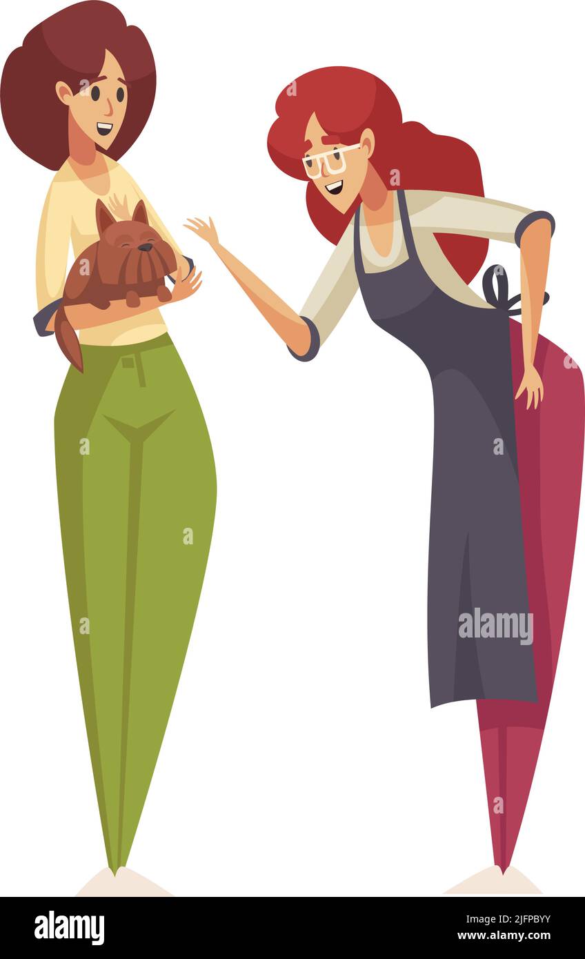 Grooming flat composition with characters of two women with dog vector ...
