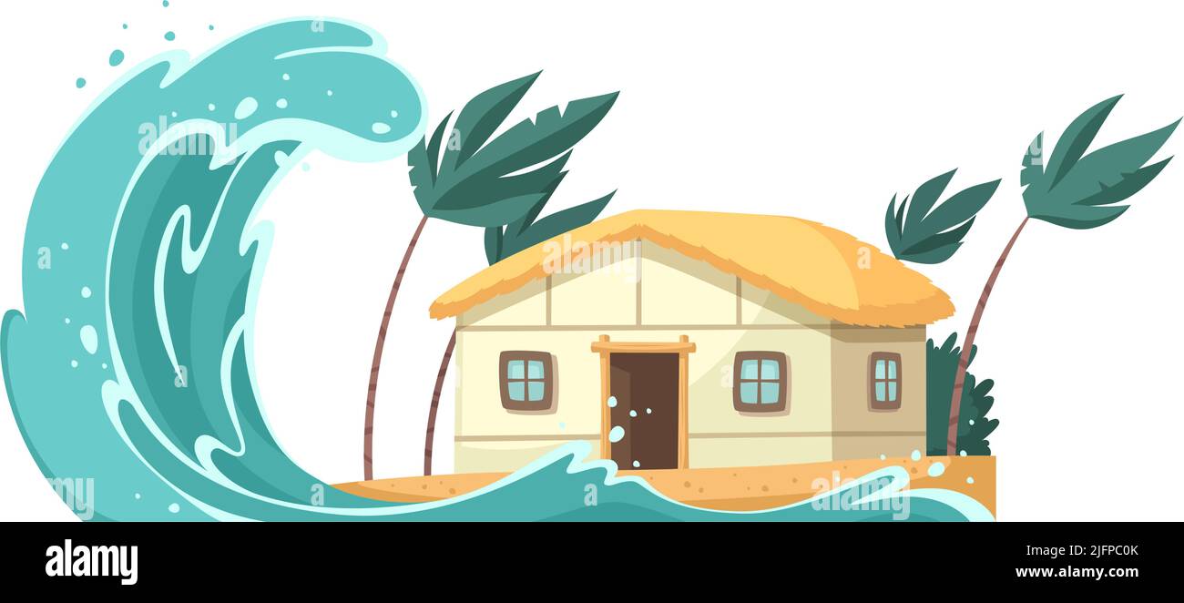 Natural disaster cartoon composition with view of house under tsunami ...