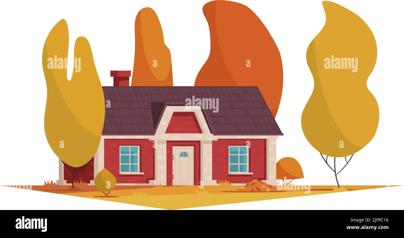 House design composition with autumn scenery with trees and image of ...