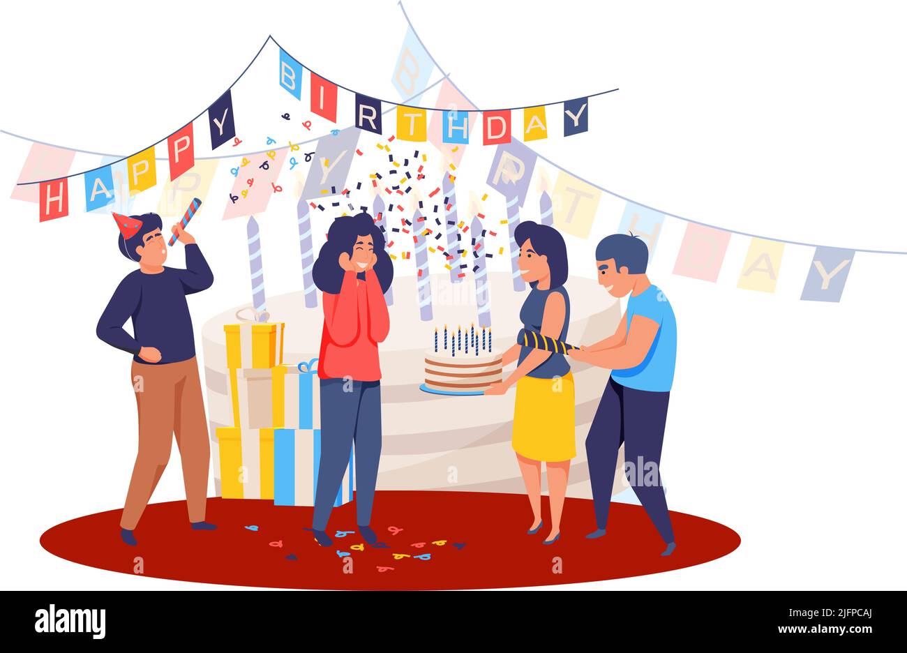 Happy celebration people composition with human characters confetti and ...