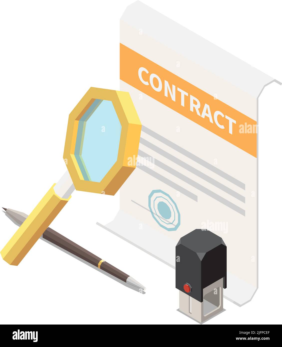 Notary services isometric composition with paper contract and pen with ...