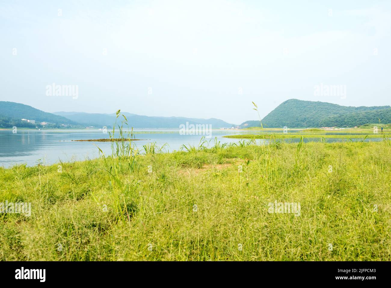 Peaceful and beautiful lake and green field background blue sky,early ...